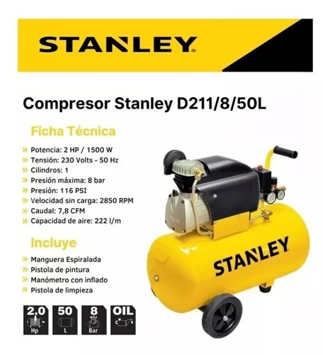 Kit Compresor Aire 50lts Stanley Stc506 2hp 1500w 8 Bar 230v - STANLEY ...