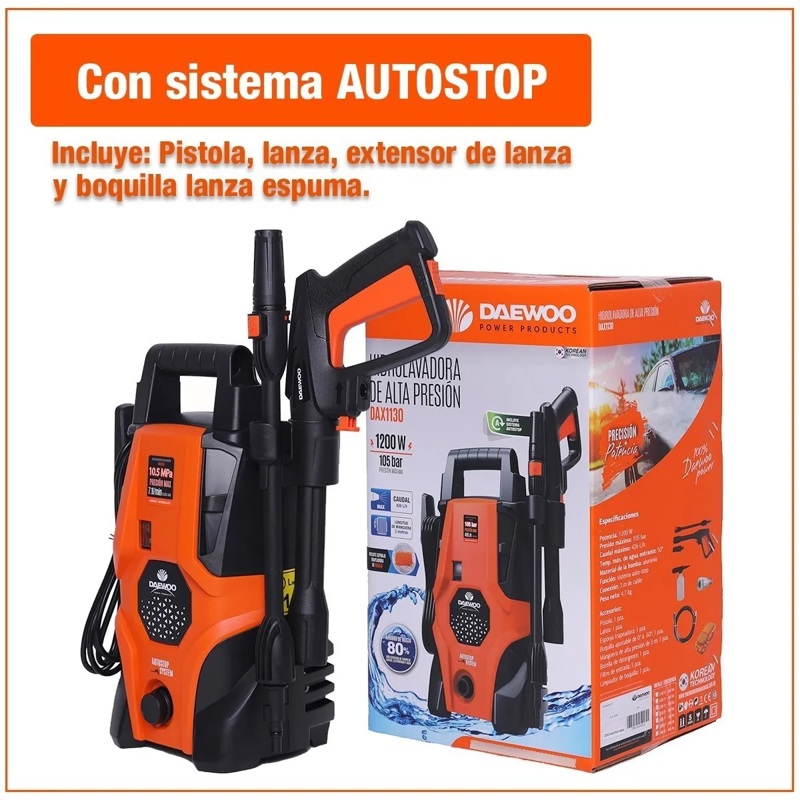 Hidrolavadora De Alta Presion Daewoo Dax1130 Autostop 105bar - DAEWOO HIDROLAVADORAS - Megatone