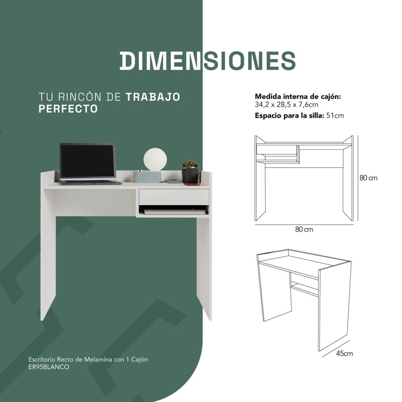 Escritorio Blanco Moderno Oficina Pc 95cm 1 Cajon Er95 - MUAR ...