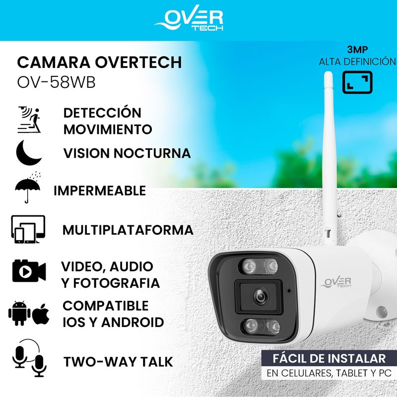 Camara De Seguridad Overtech OV-58WB WIFI 3mp Impermeable Detección De Movimiento Visión ...