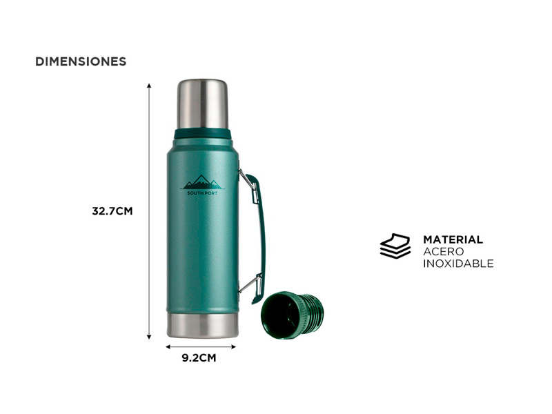 Kit de Termo Verde 1L, Mate Blanco y Bombilla South Port Acero ...