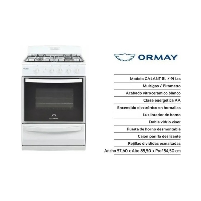 Cocina Ormay Galant Blanca Encendido Luz Autolimpiante - ORMAY COCINAS BIGAS - Megatone