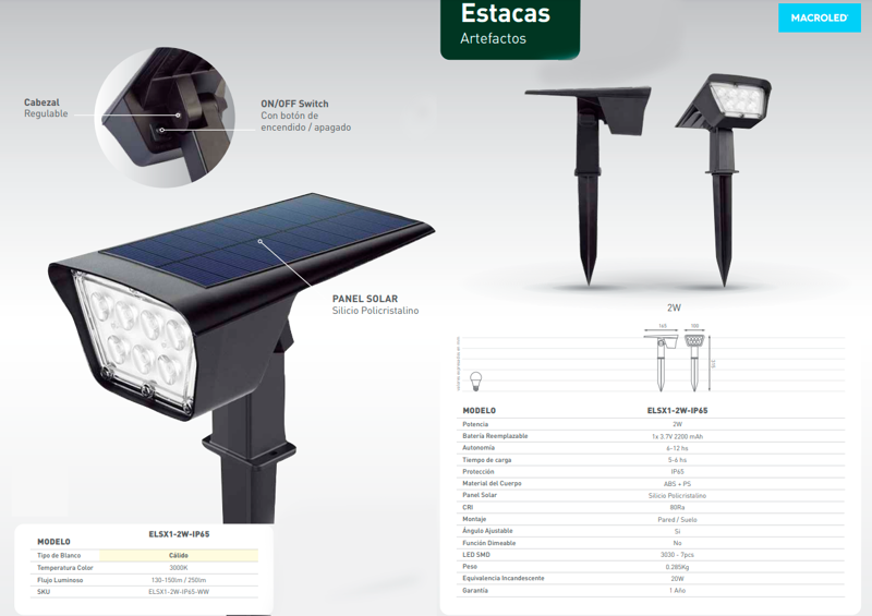 Estaca Artefacto Led Solar 2w Ip65 Cálido 3000K Macroled - MACROLED ...