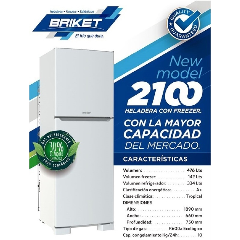 Heladera Briket Bk2f 2121 Freezer Silver Inox 476lt Clase A - BRIKET HELADERA CON FREEZER - Megatone