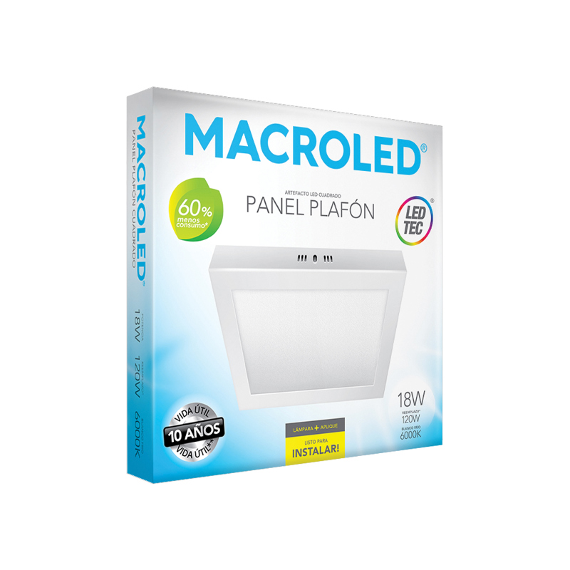 Panel Plafon Led Cuadrado 18w Frio 6000k Blanco Macroled - MACROLED FOCOS - Megatone