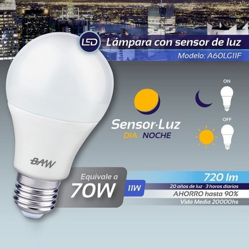 Lampara Led Baw A60 11w E27 6500° K Con Sensor Dia-Noche - BAW FOCOS Y TUBOS LED - Megatone