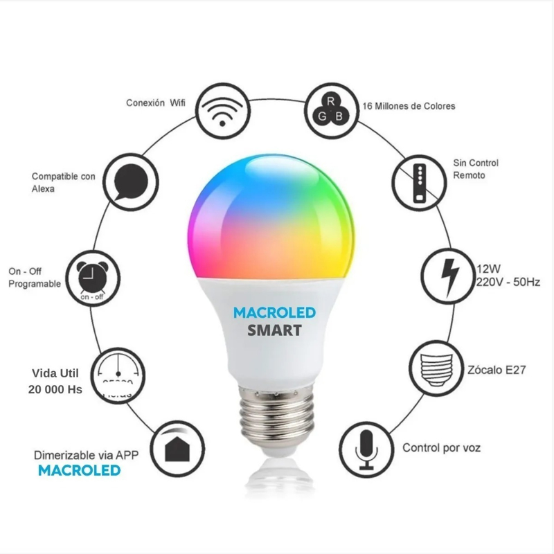 Lampara Led Smart Macroled Bulbo A60 Rgb + Blanco 12W E27 - MACROLED FOCOS Y TUBOS LED - Megatone