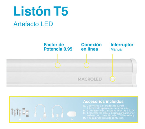 Liston Led T5 Tubo 60cm 9w 220v C/Tecla Macroled Luz Fria - MACROLED ...