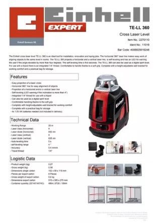 Nivel Laser Autonivelante 360º Einhell Te-ll 360 20m 650nm - EINHELL INSTRUMENTOS DE MEDICION ...