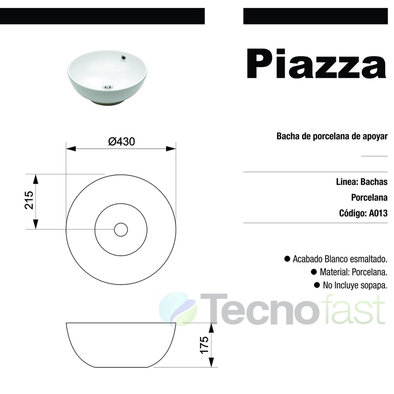 Bacha Apoyo Piazza A013 Redonda 42cm Diámetro Porcelana - PIAZZA BACHAS ...