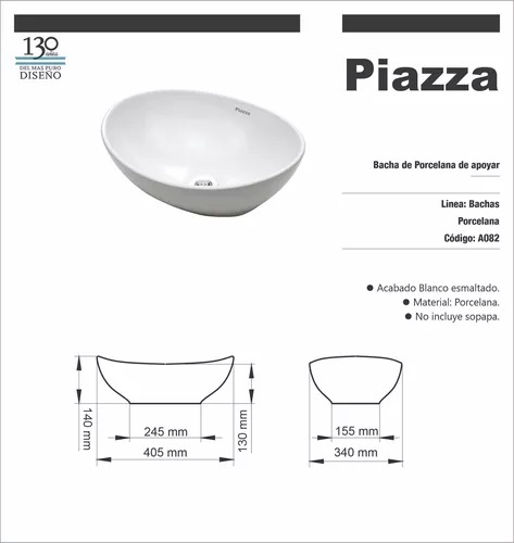 Bacha Apoyo Ovalada Porcelana Piazza A082 Esmaltada Blanco - PIAZZA ...