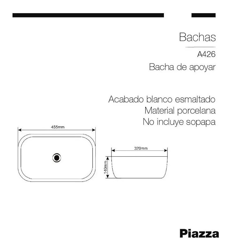 Bacha Apoyo Slim Rectangular Diseño Lavatorio Piazza A426 - PIAZZA ...