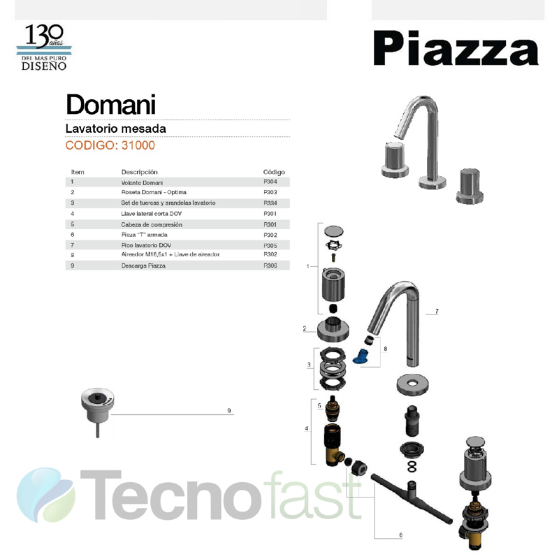 Grifería de bacha Piazza Domani 31001 acabado cromado - PIAZZA GRIFERIA ...