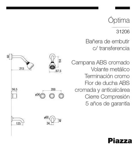 Griferia De Ducha Piazza 31206 Optima Transferencia Flor Abs - PIAZZA ...