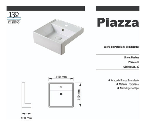 Bacha De Empotrar Baño Lavatorio Piazza A173c Porcelana Blan - PIAZZA ...