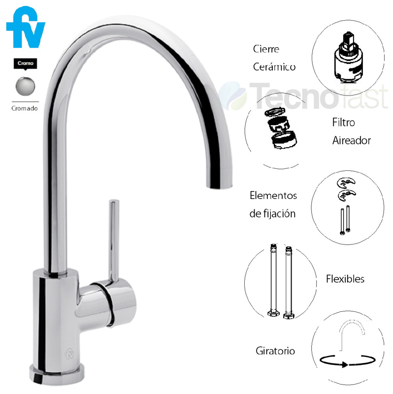 Griferia Monocomando Cocina Fv Temple 0411.04/87 Cr - FV GRIFERIA ...