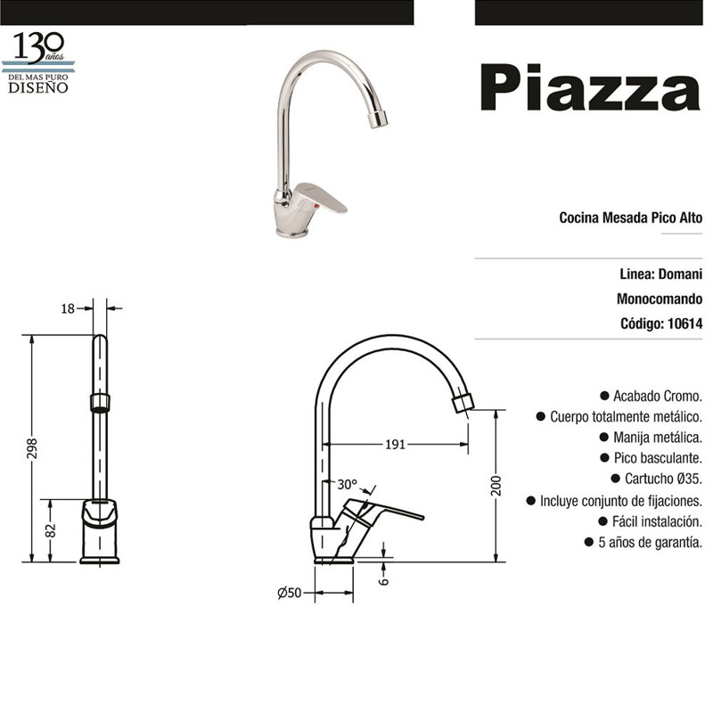 Griferia Monocomando Piazza Cocina Canilla Pico Alto Domani - PIAZZA ...
