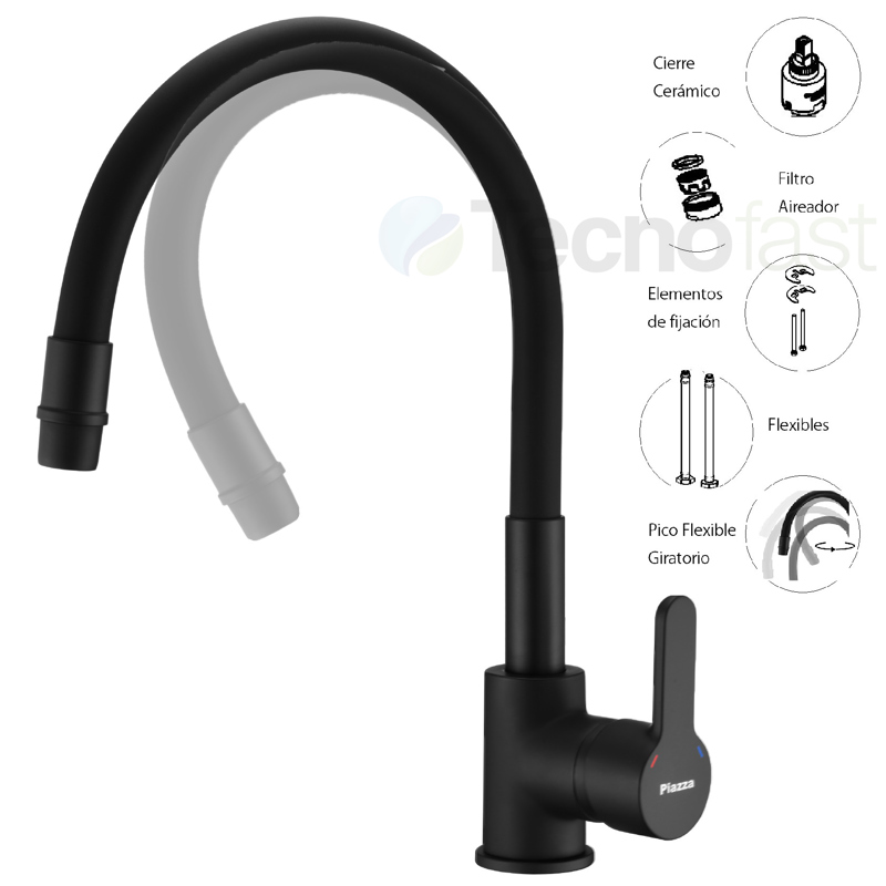 Griferia Negra Cocina Flexible Monocomando Piazza 10017ne - PIAZZA ...