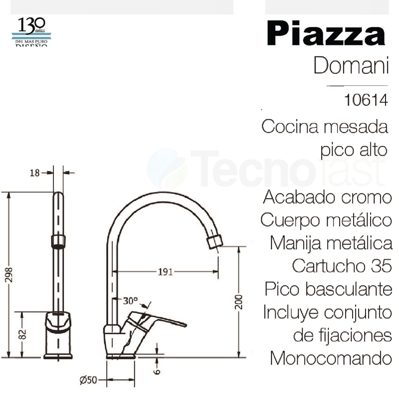 Griferia Monocomando Piazza Cocina Canilla Pico Alto Domani - PIAZZA ...
