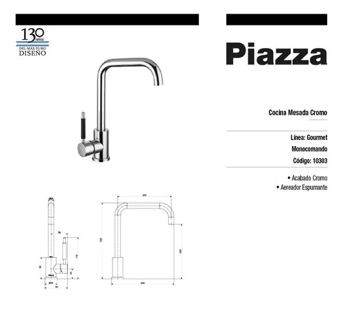 Grifo De Cocina Monocomando Piazza Gourmet 10303 Cromado - PIAZZA ...