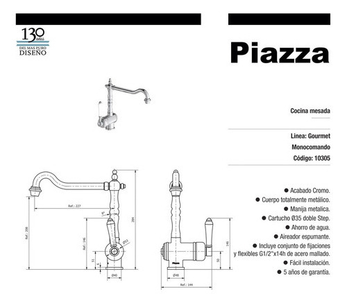 Griferia Cocina Monocomando Piazza Gourmet Vintage 10305 Color Cromo ...
