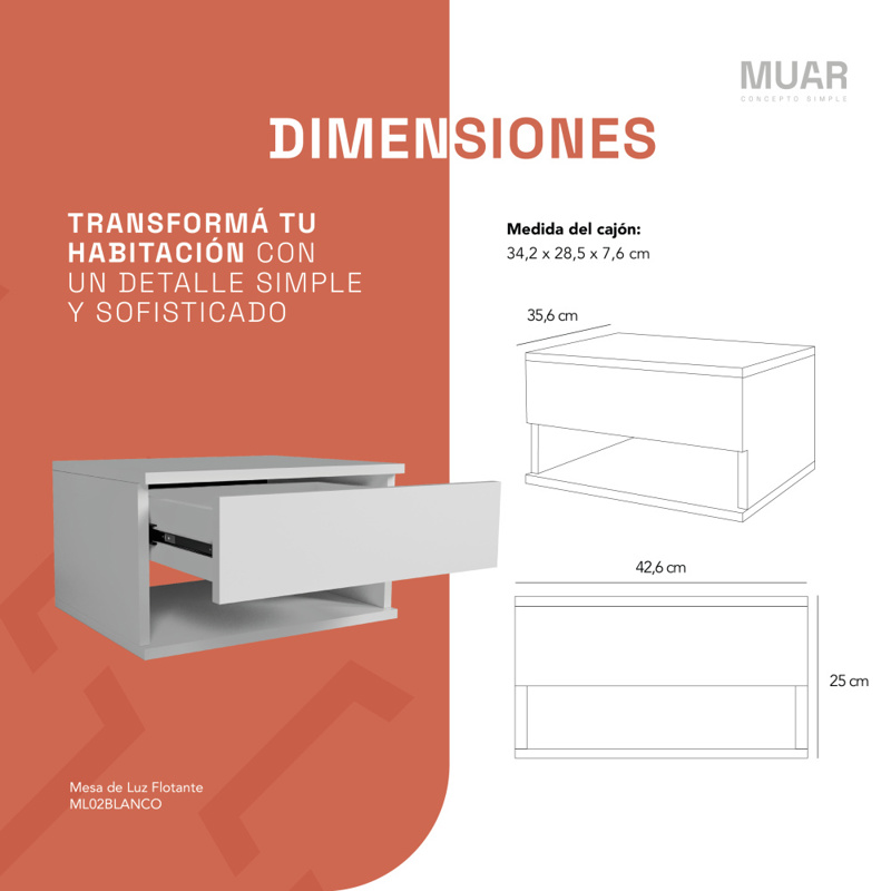 Mesa De Luz Flotante Mesita Colgante Con Cajon Acabado Brillante Blanco - MUAR MESAS DE LUZ ...