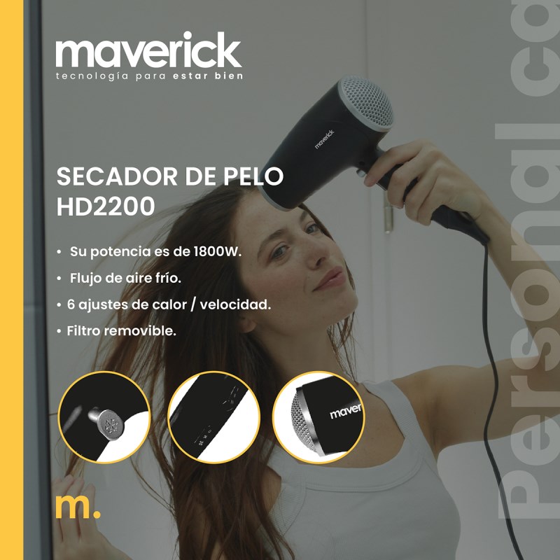 SECADOR CABELLO HD2200 FRIO CALOR 2200W MAVERICK - MAVERICK SECADORES ...