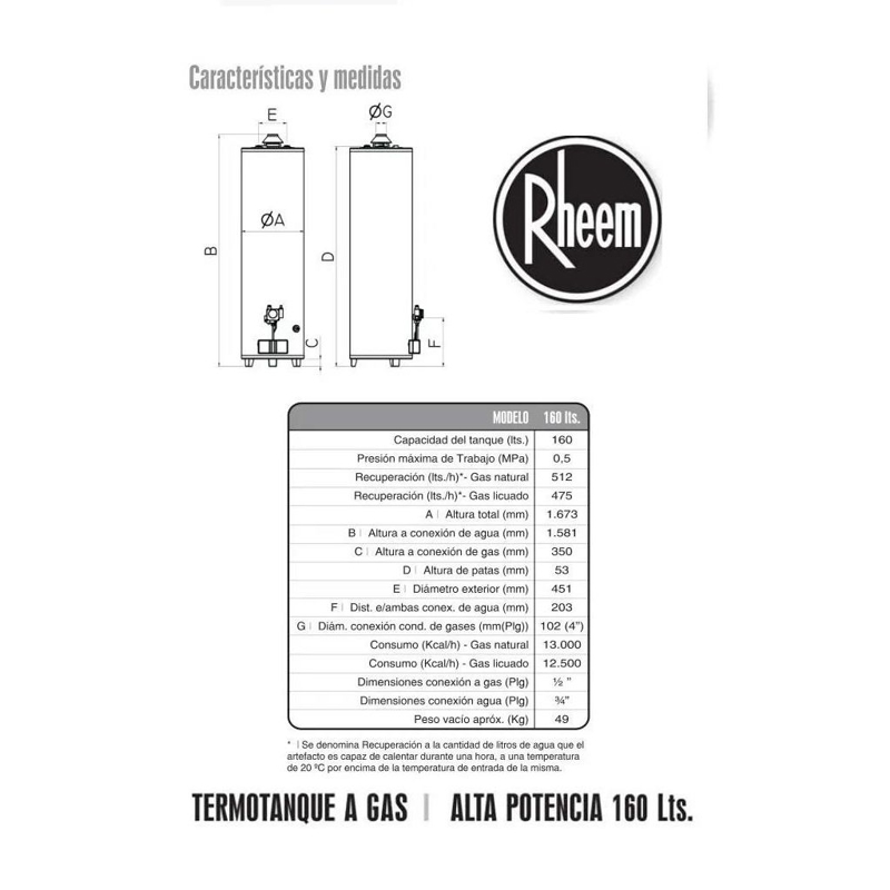 Termotanque Multigas Rheem 160L Carga Superior De Pie - RHEEM ...
