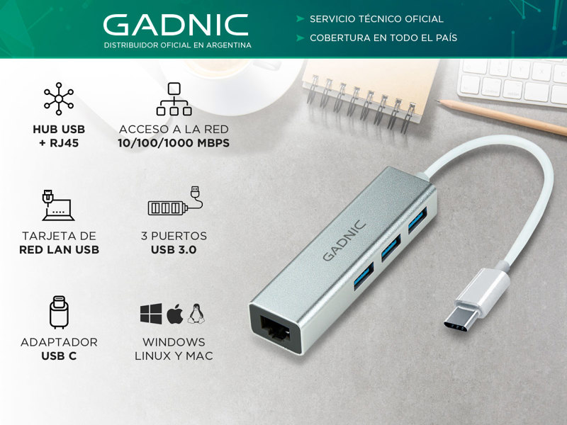 Adaptador Usb Tipo C A Rj45 Ethernet Red Lan + Usb 3.0 Gadnic HB-RJ26 ...