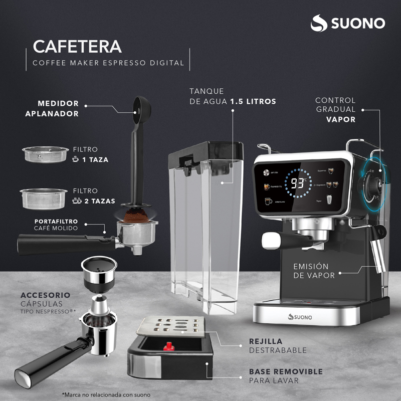 Cafetera Coffe Maker Espresso Digital 1.5 Litros 20 Bar - SUONO ...